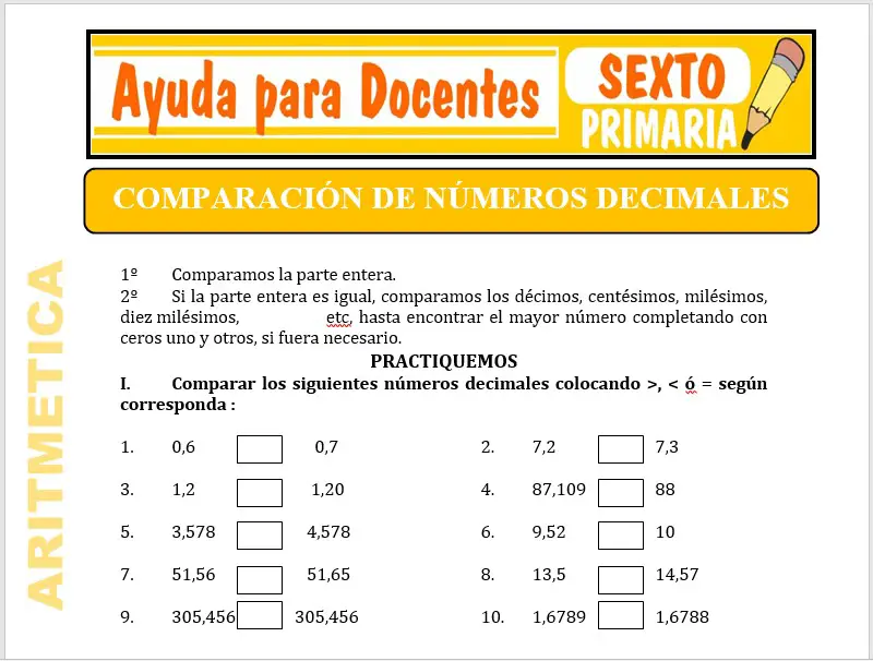 Hoja De Trabajo Para Comparar Y Ordenar Decimales Ejercicios Para
